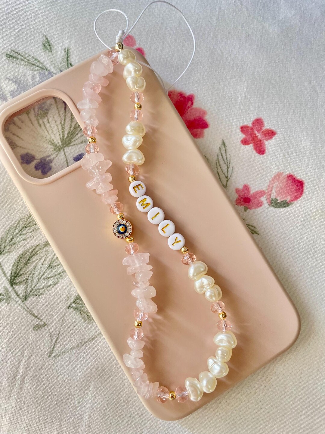 Rose Quartz Gemstone Phone Strap, Crystal Phone Charm, Evil Eye Pearl ...