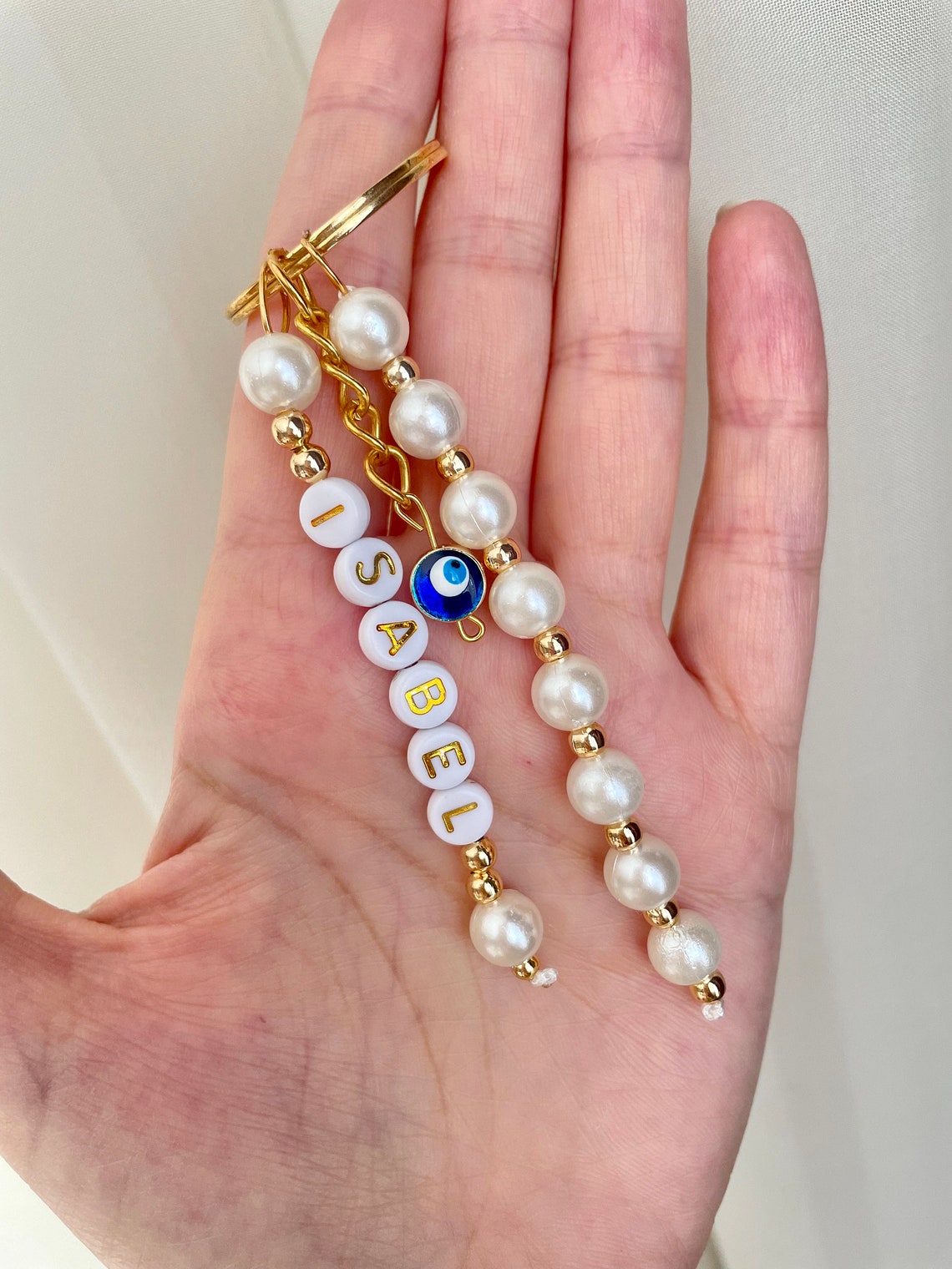 Personalized Pearl Keychains With Evil Eye/custom Beaded Keyring/ Pearl ...