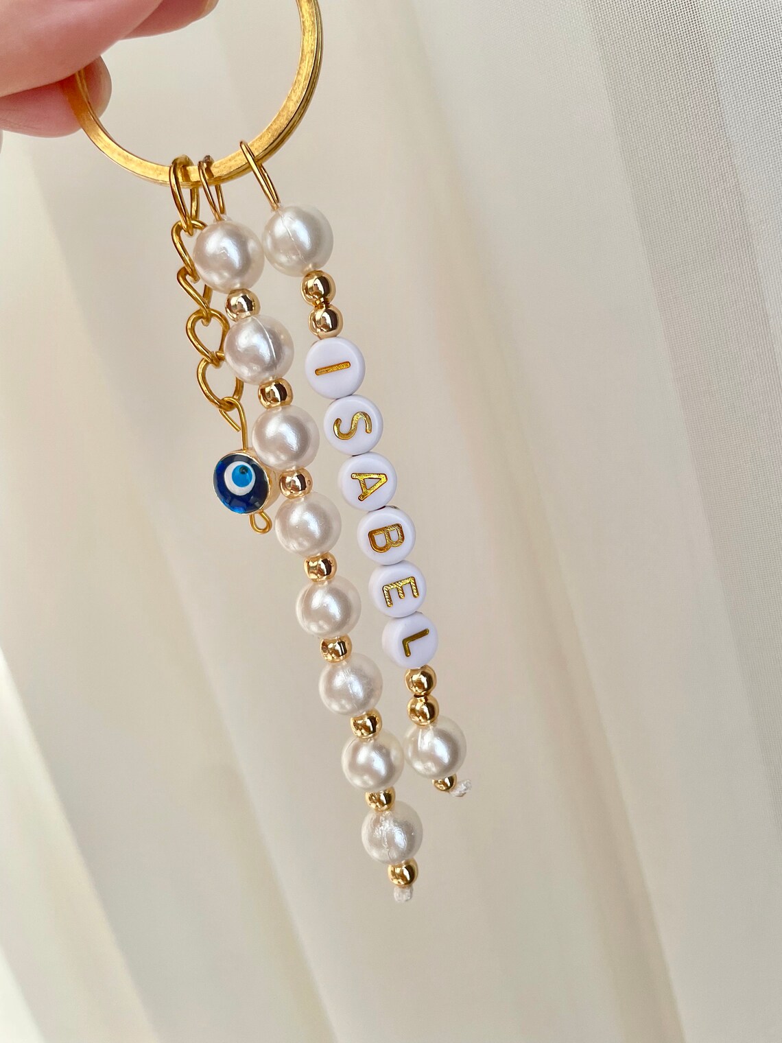 Personalized Pearl Keychains With Evil Eye/custom Beaded Keyring/ Pearl ...