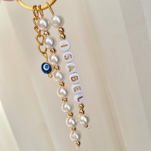 Personalized Pearl Keychains With Evil Eye/custom Beaded Keyring/ Pearl ...