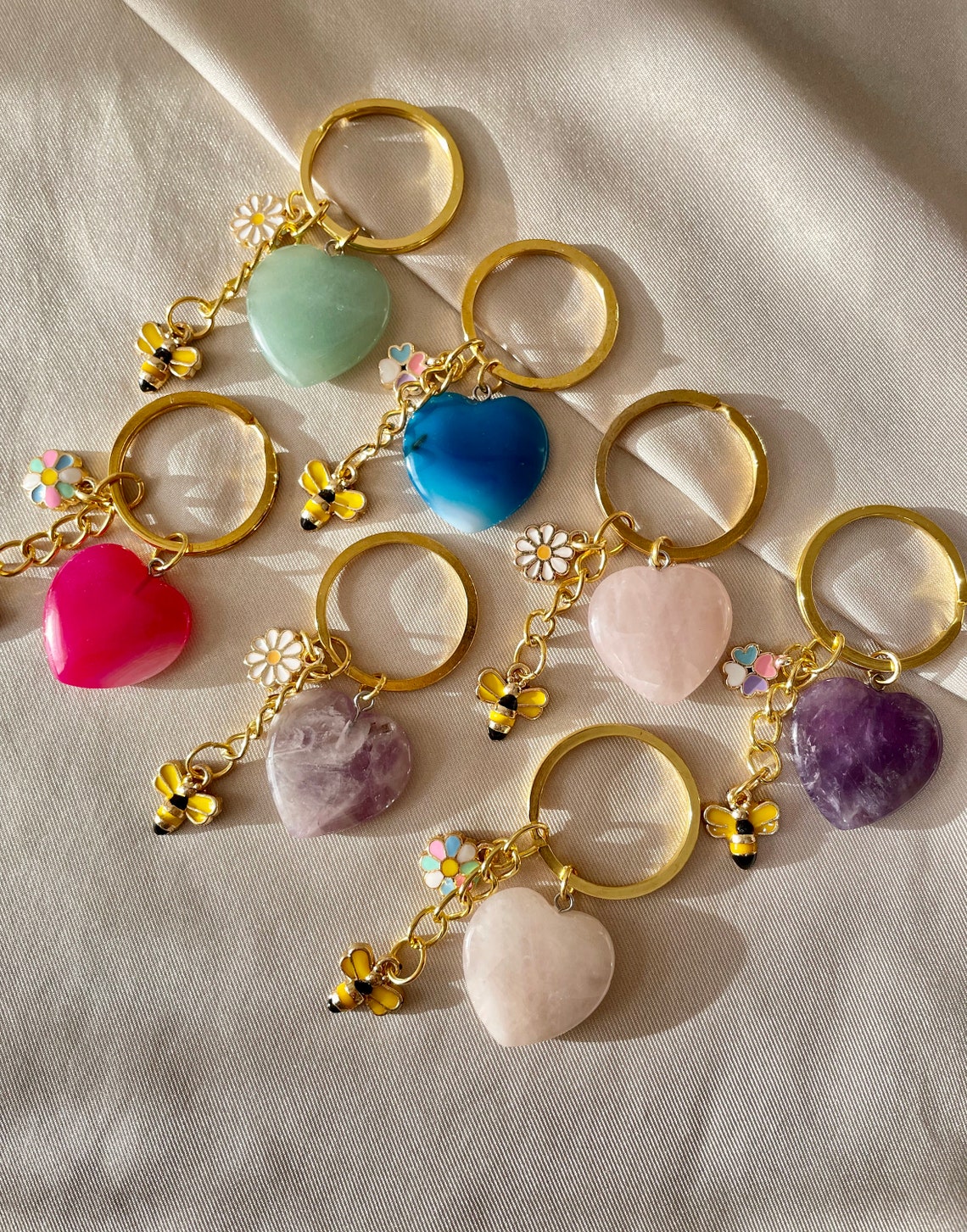 Crystal Heart Keychains, Cute Flower and Bee Keychain, Colorful ...