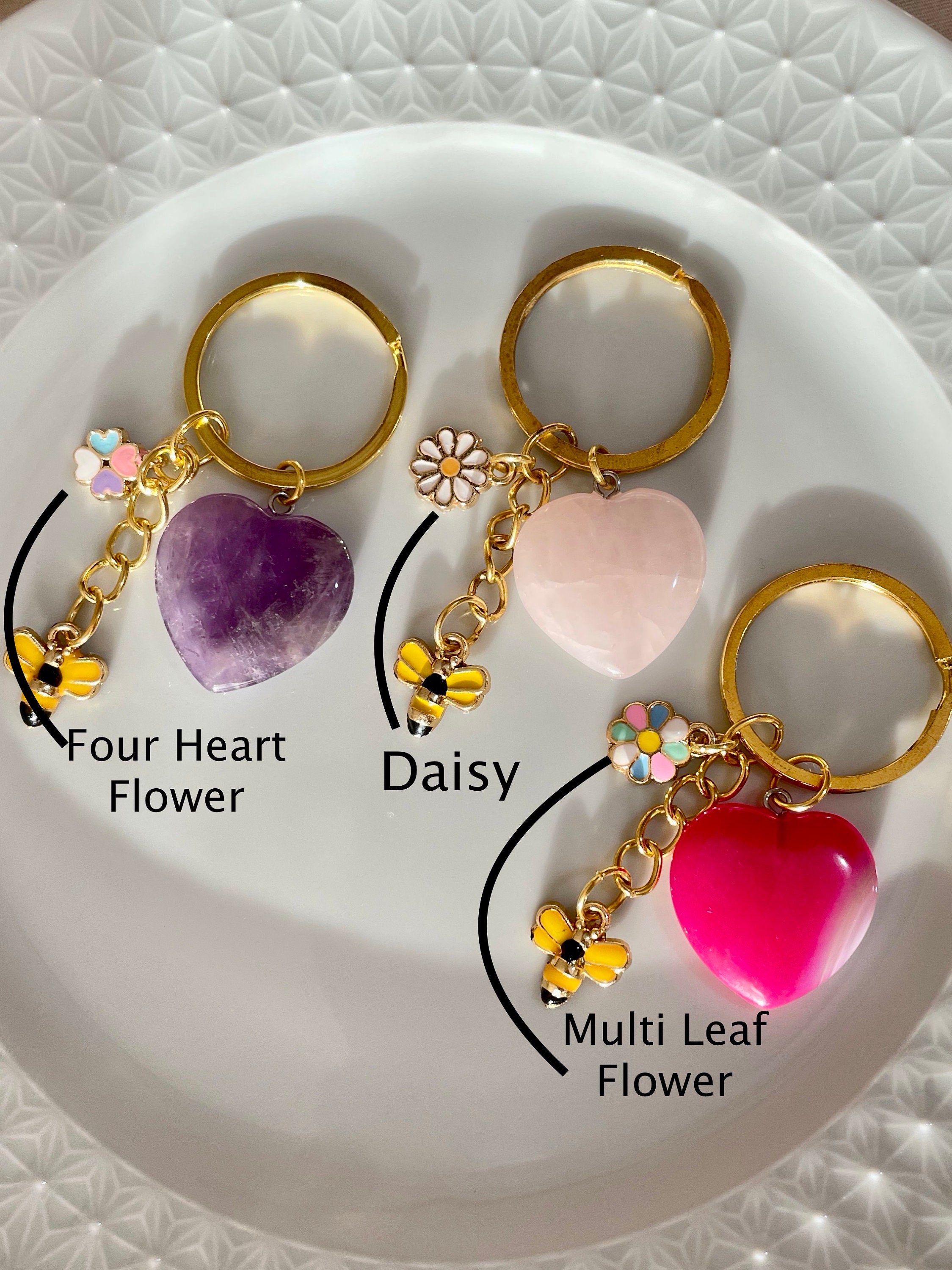 Crystal Heart Keychains, Cute Flower and Bee Keychain, Colorful ...