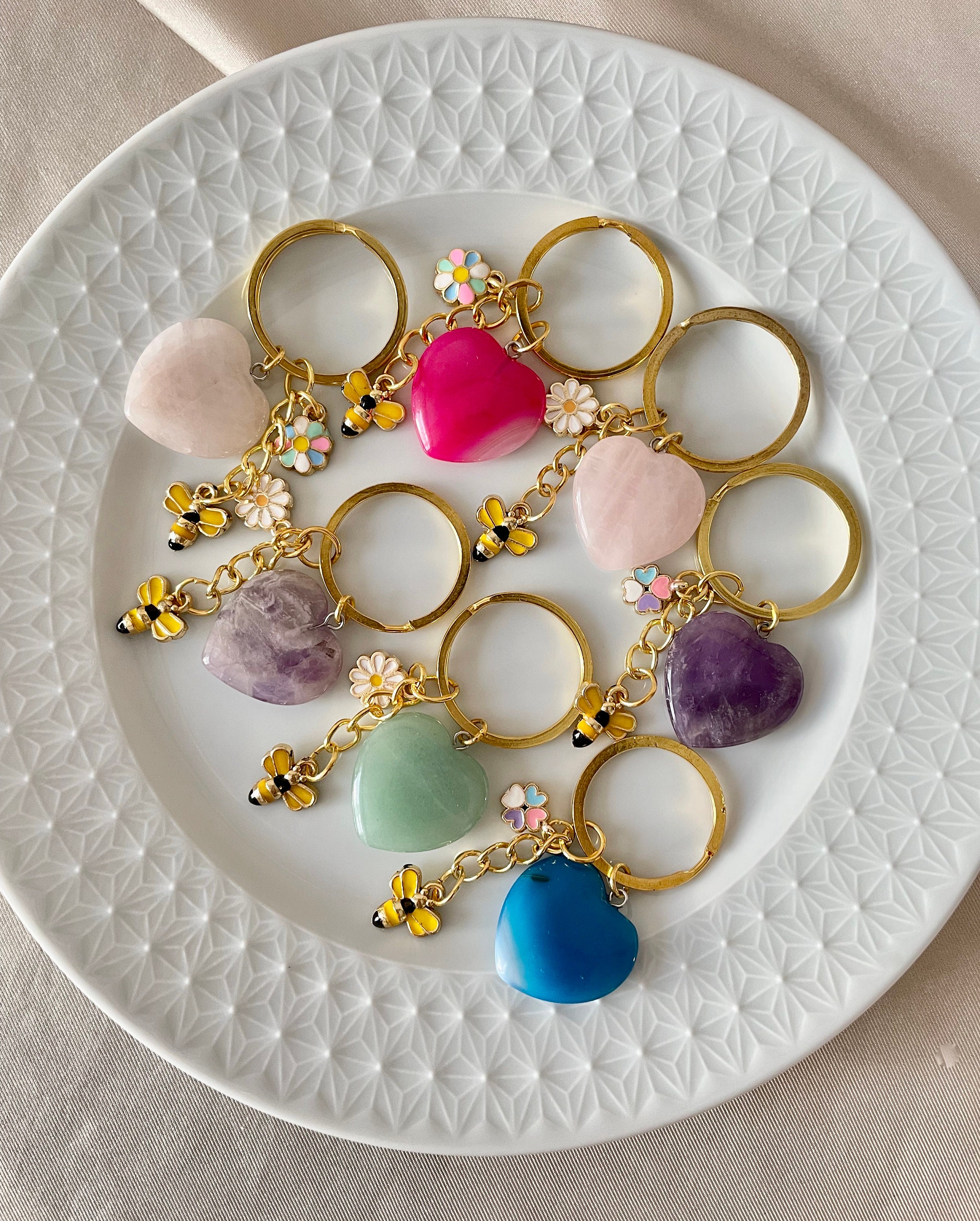 Crystal Heart Keychains, Cute Flower and Bee Keychain, Colorful ...
