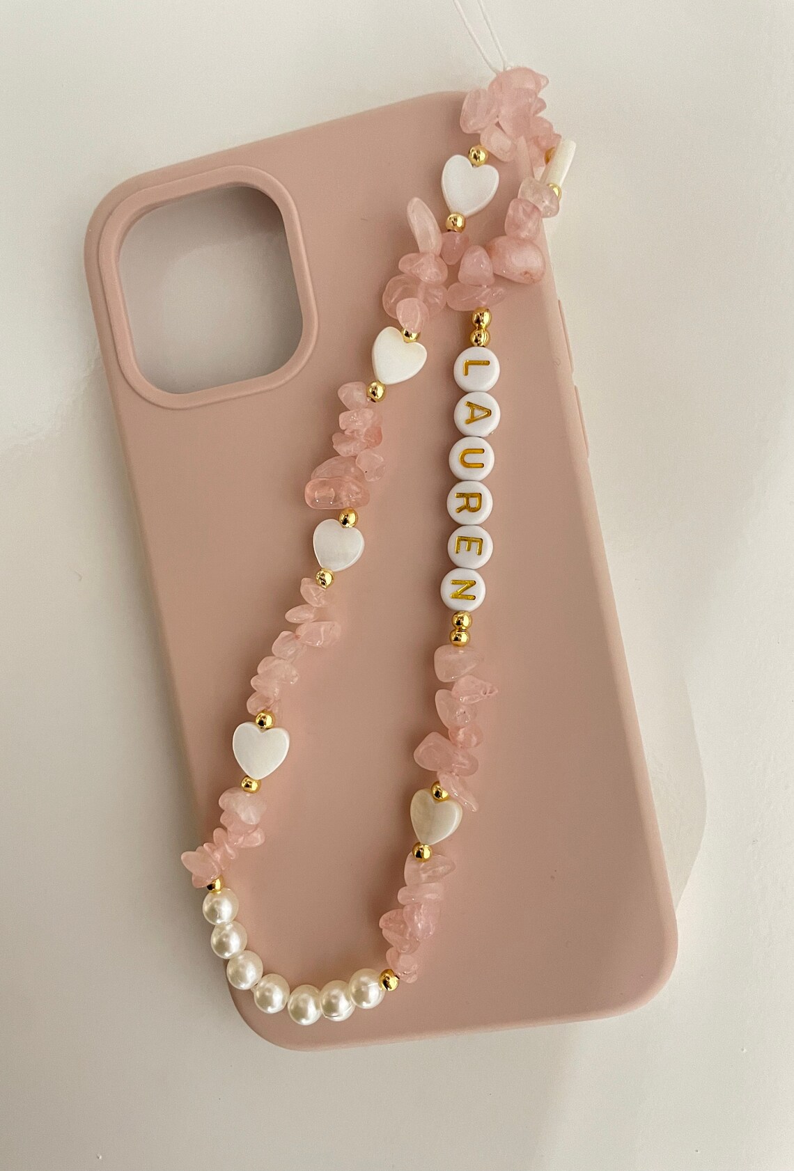 Rose Quartz Phone Strap/ Beaded Phone Charm/ Gemstone Phone Lanyard ...