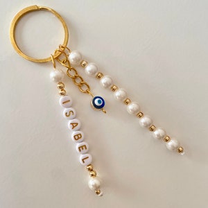 Personalized Pearl Keychains With Evil Eye/custom Beaded Keyring/ Pearl ...