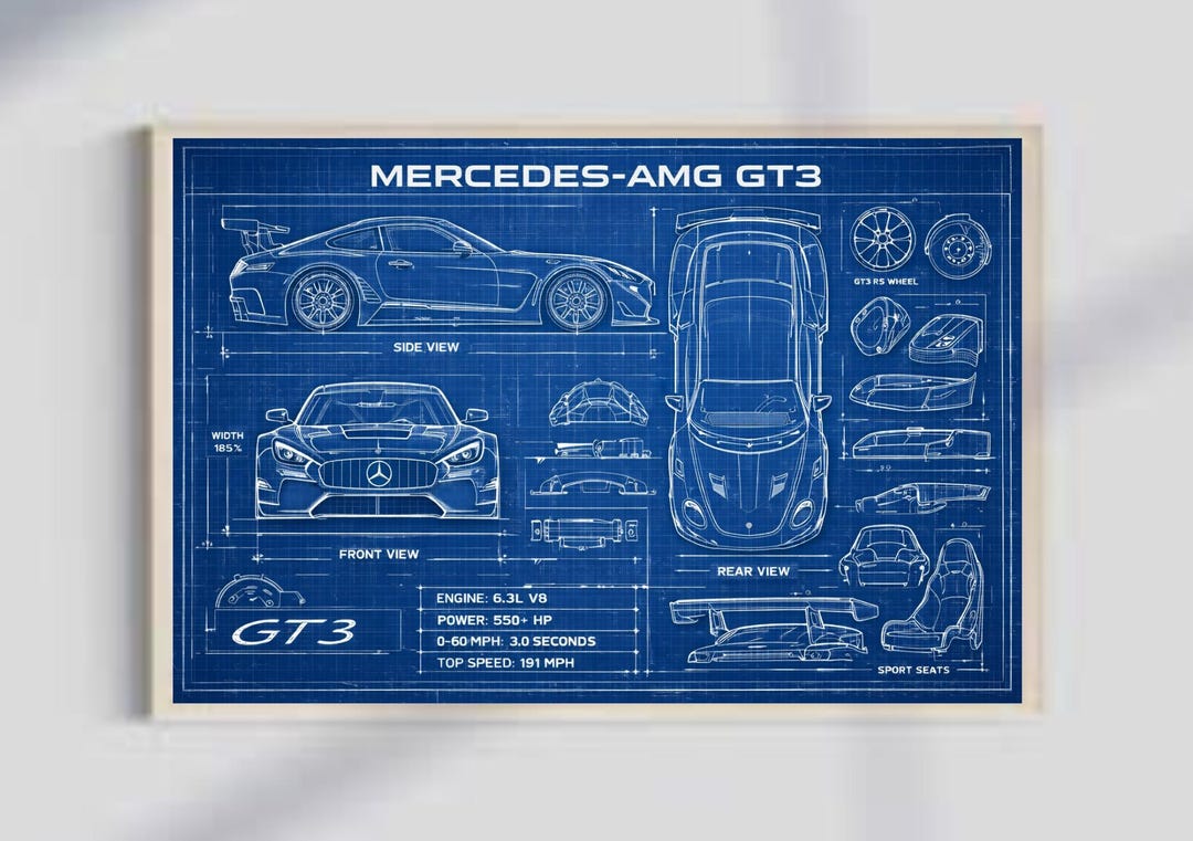 Mercedes AMG GT3 - Blueprint Poster - Etsy