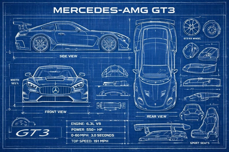 Mercedes AMG GT3 - Blueprint Poster - Etsy