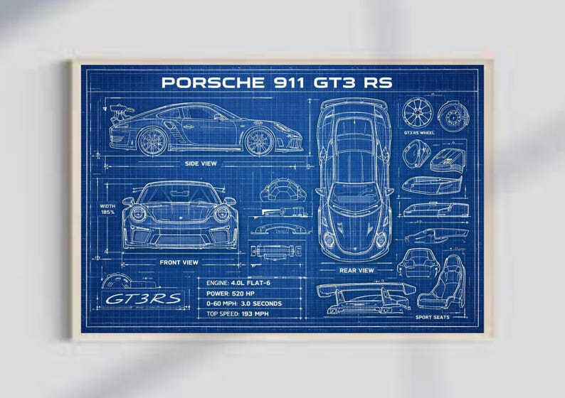 Porsche 911 GT3 RS - Blueprint Poster - Etsy