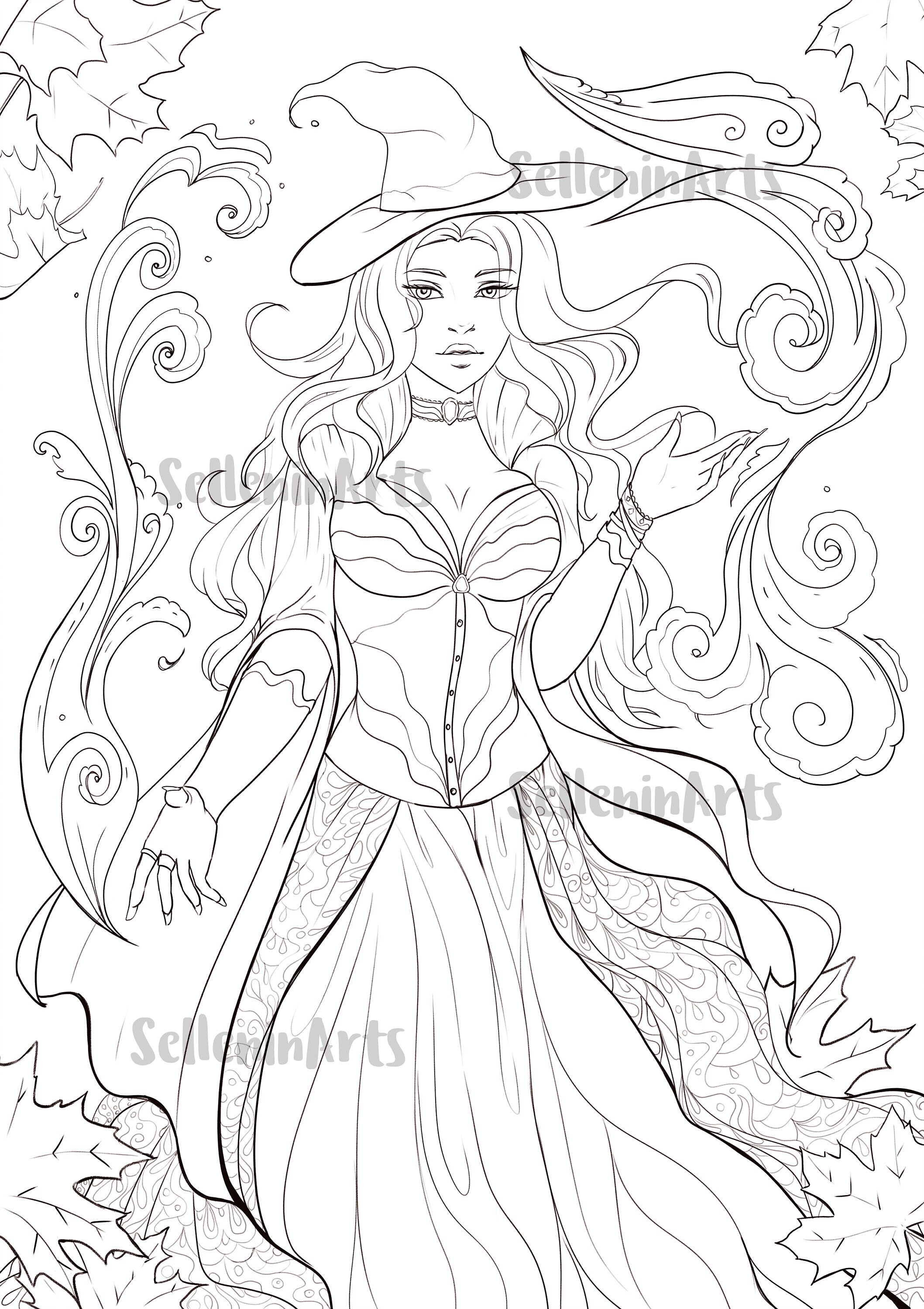 Halloween Witch Coloring Page Digital Download Instant Print Greyscale ...