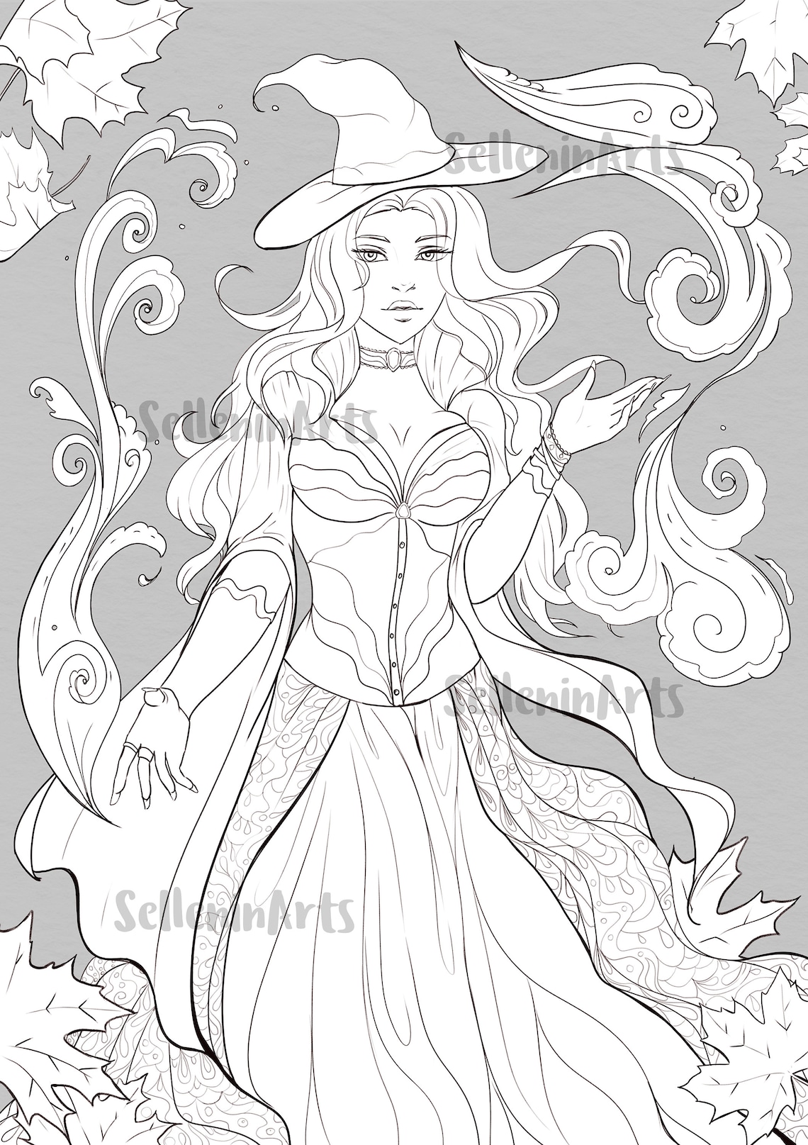 Halloween Witch Coloring Page Digital Download Instant Print Greyscale ...