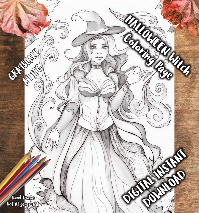 Halloween Witch Coloring Page Digital Download Instant Print Greyscale ...
