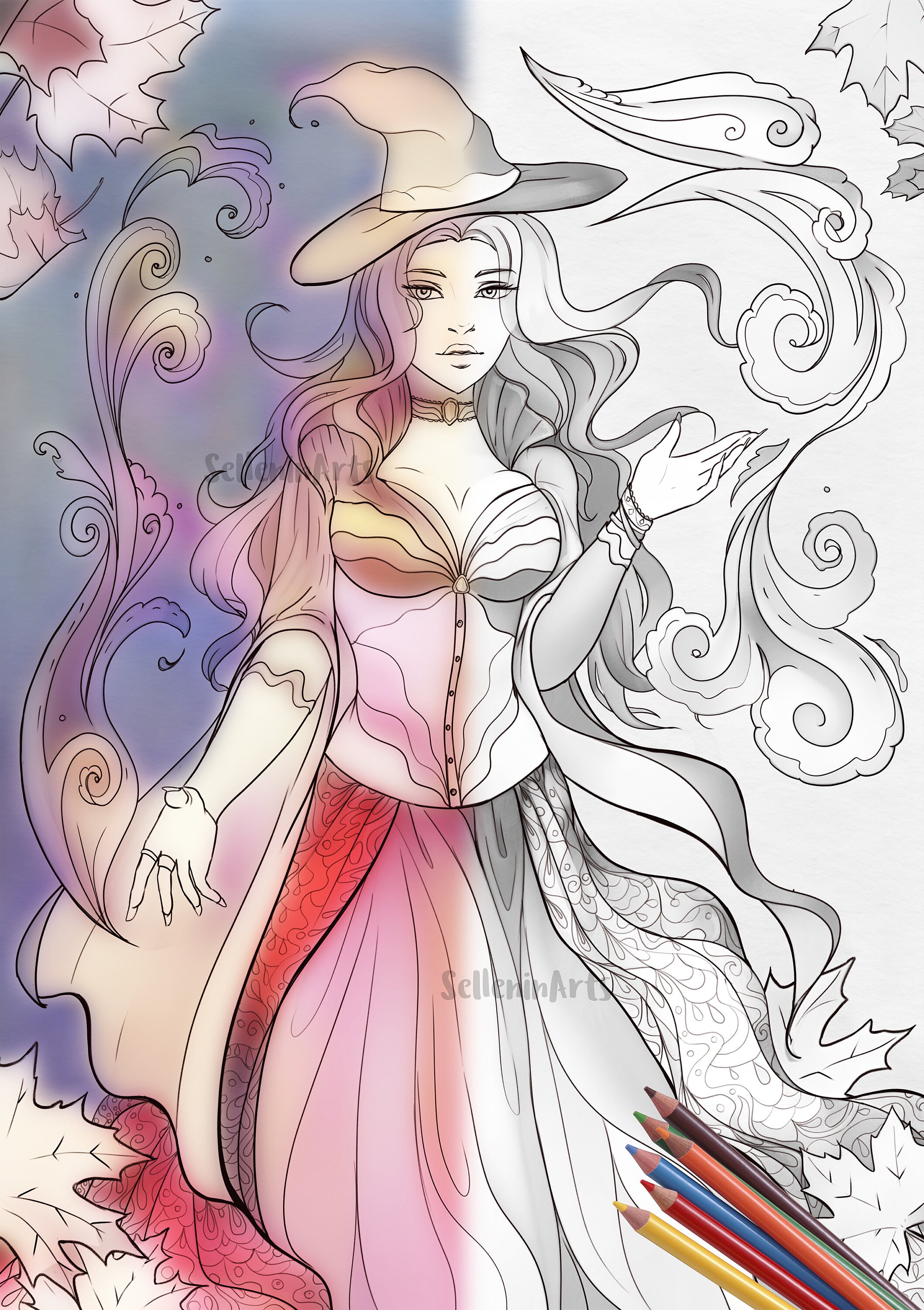 Halloween Witch Coloring Page Digital Download Instant Print Greyscale ...