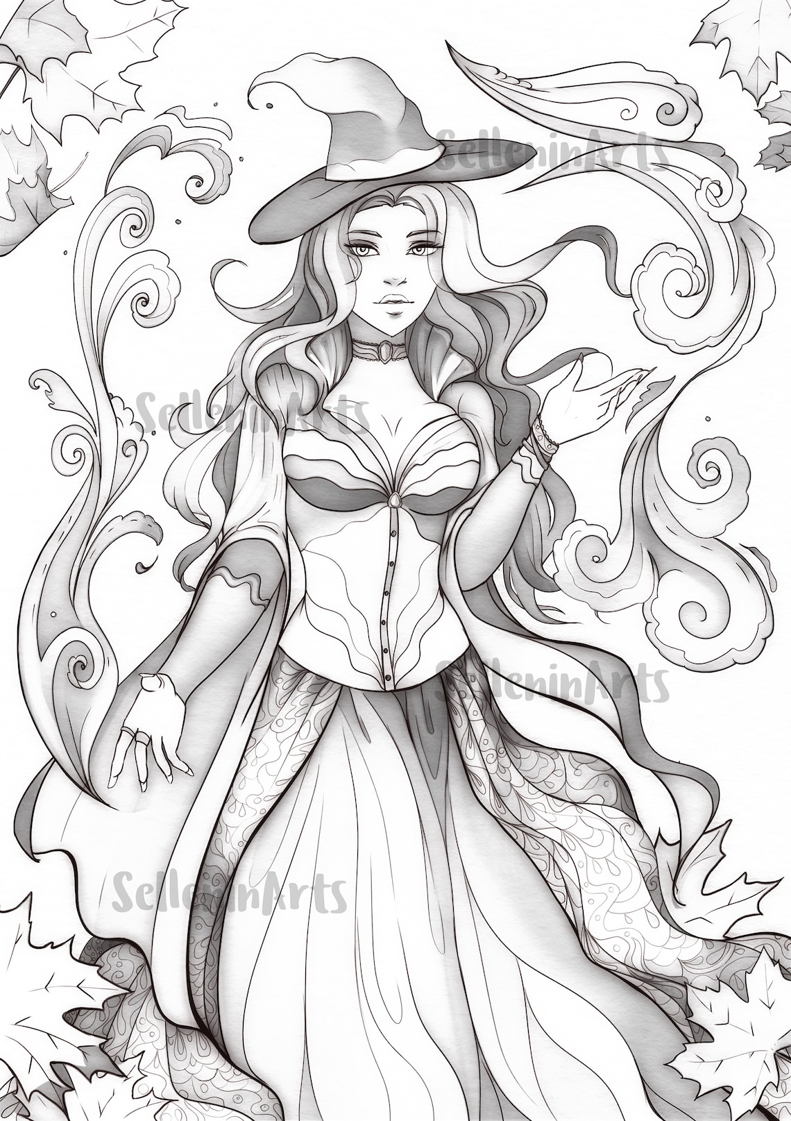 Halloween Witch Coloring Page Digital Download Instant Print Greyscale ...