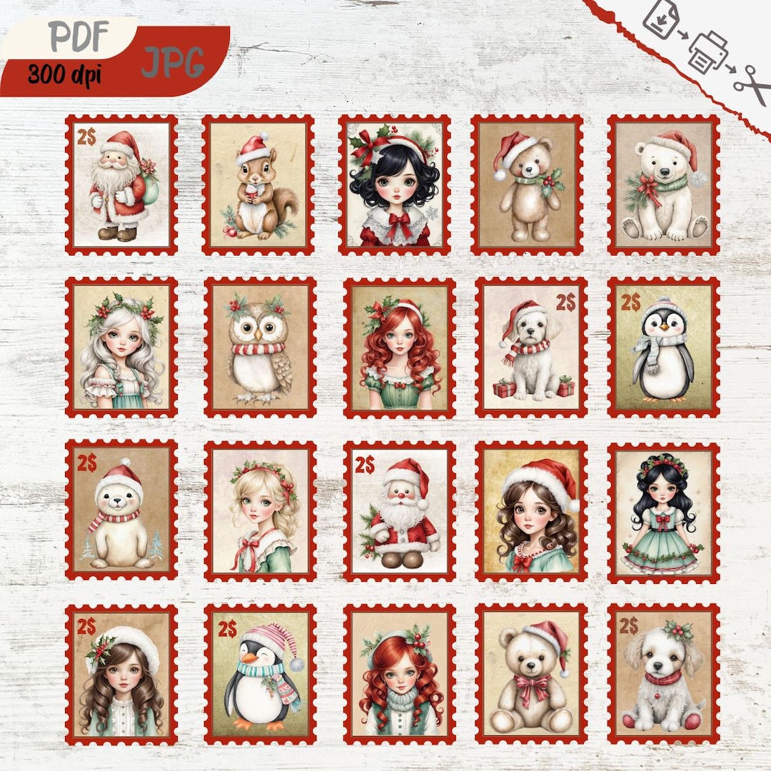 Printable Christmas Postage Stamps, Instant Download, Christmas ...