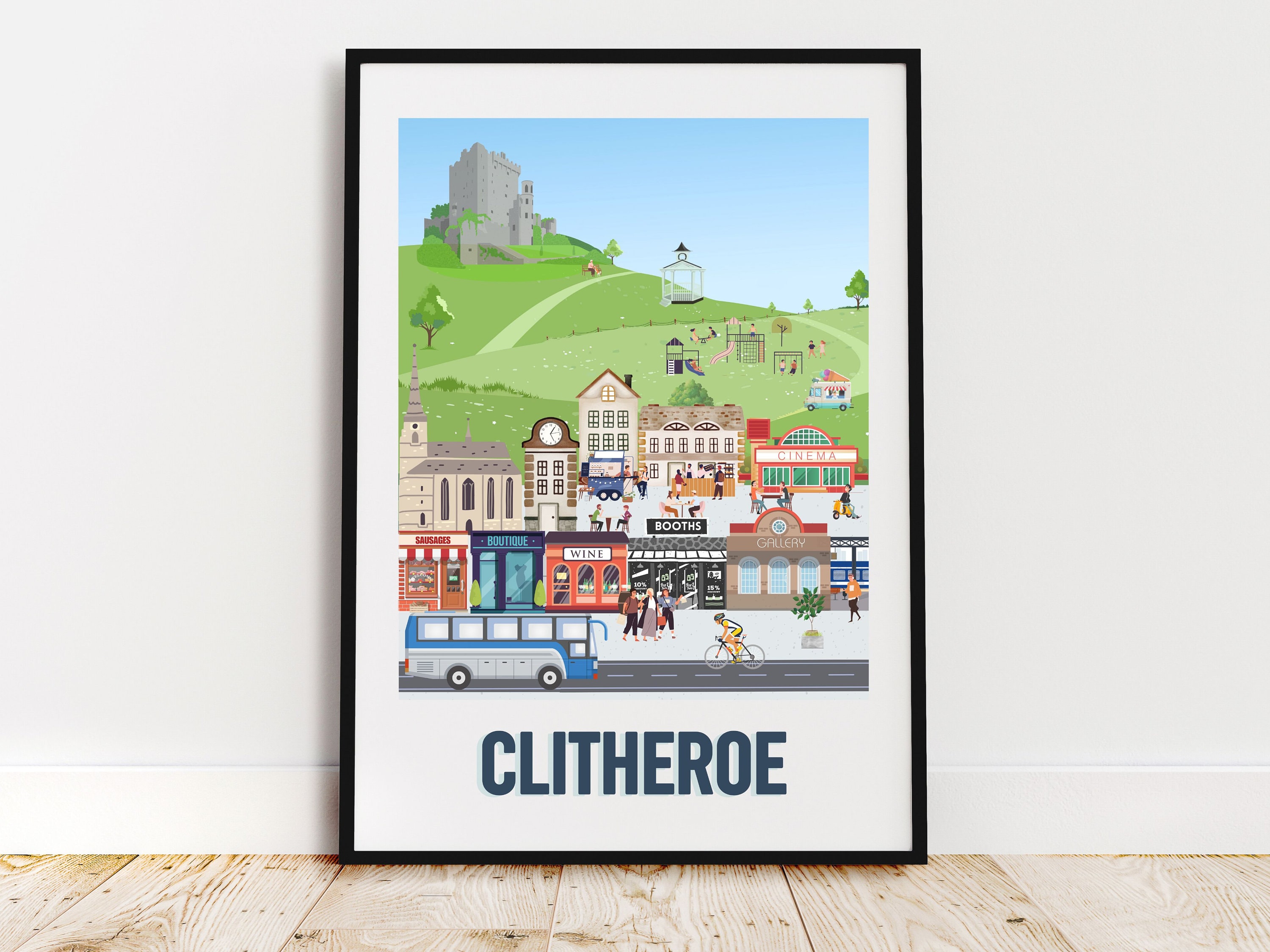 Clitheroe Ribble Valley Lancashire Souvenir Illustrated Print Poster ...
