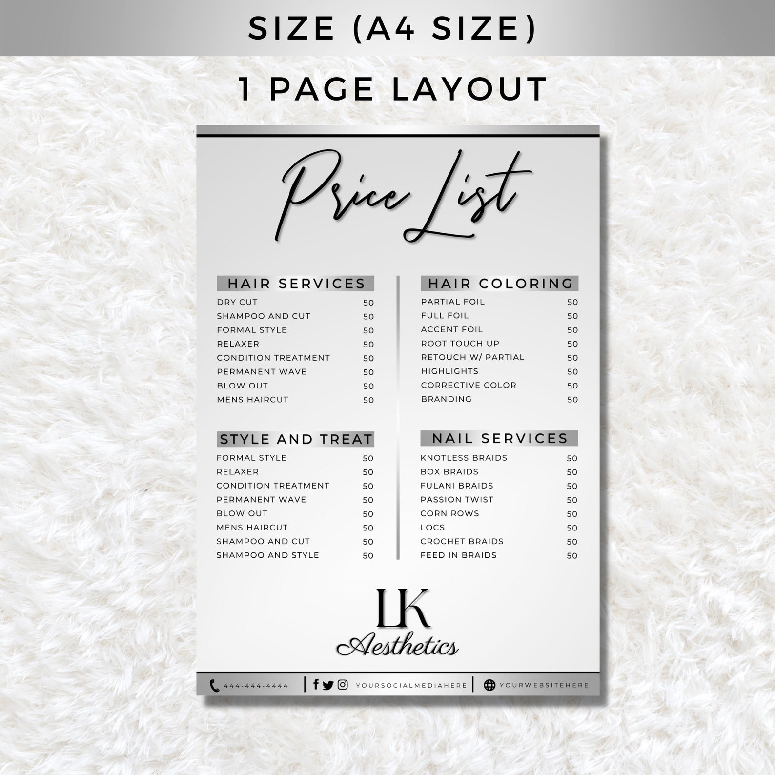 DIY Price List Template, Silver Price List, Printable Price Guide, Hair ...