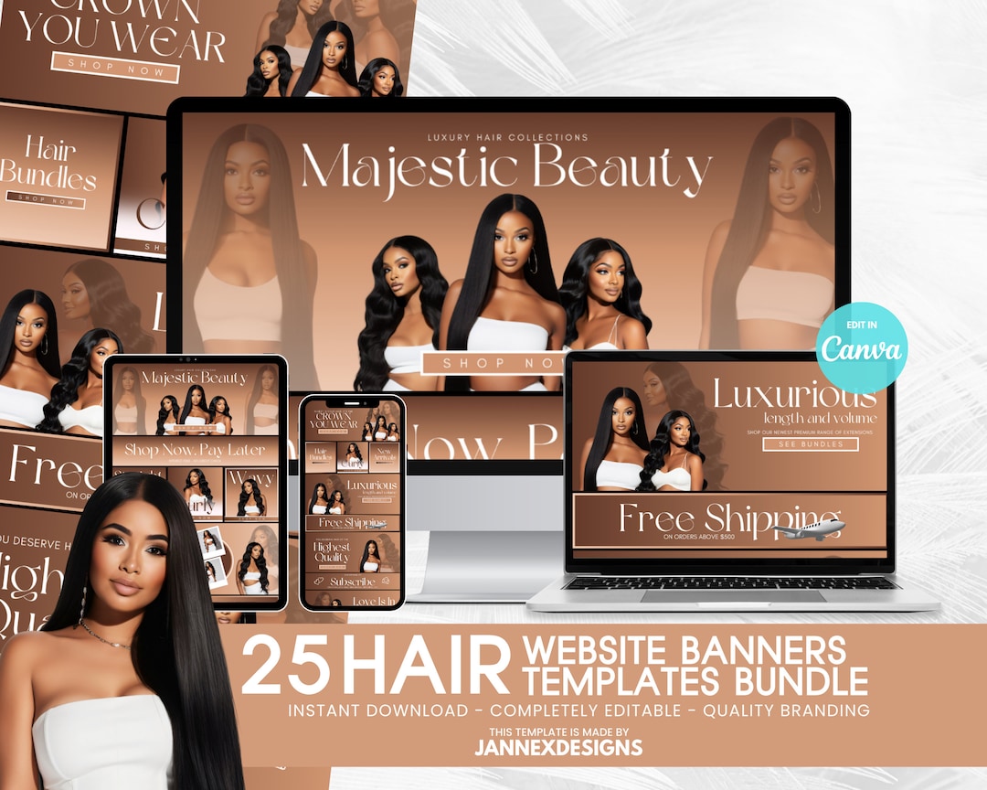 DIY Hair Website Banner Kit Shopify Hair Extension or Wig Boutique Store Website Design Boho Web ...