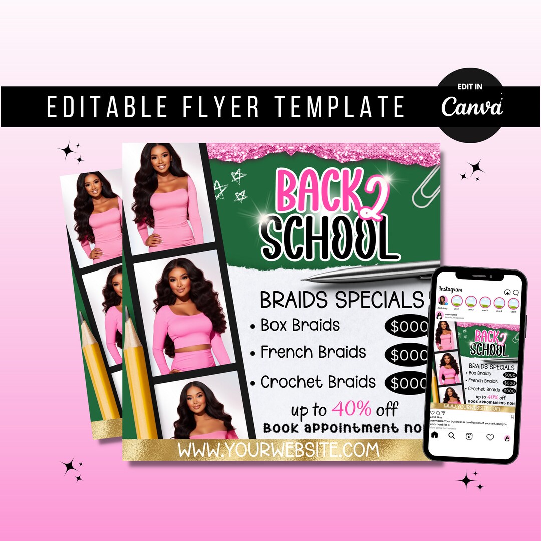 Back to School Hair Flyer Template for Braids Back 2 School Sale ...