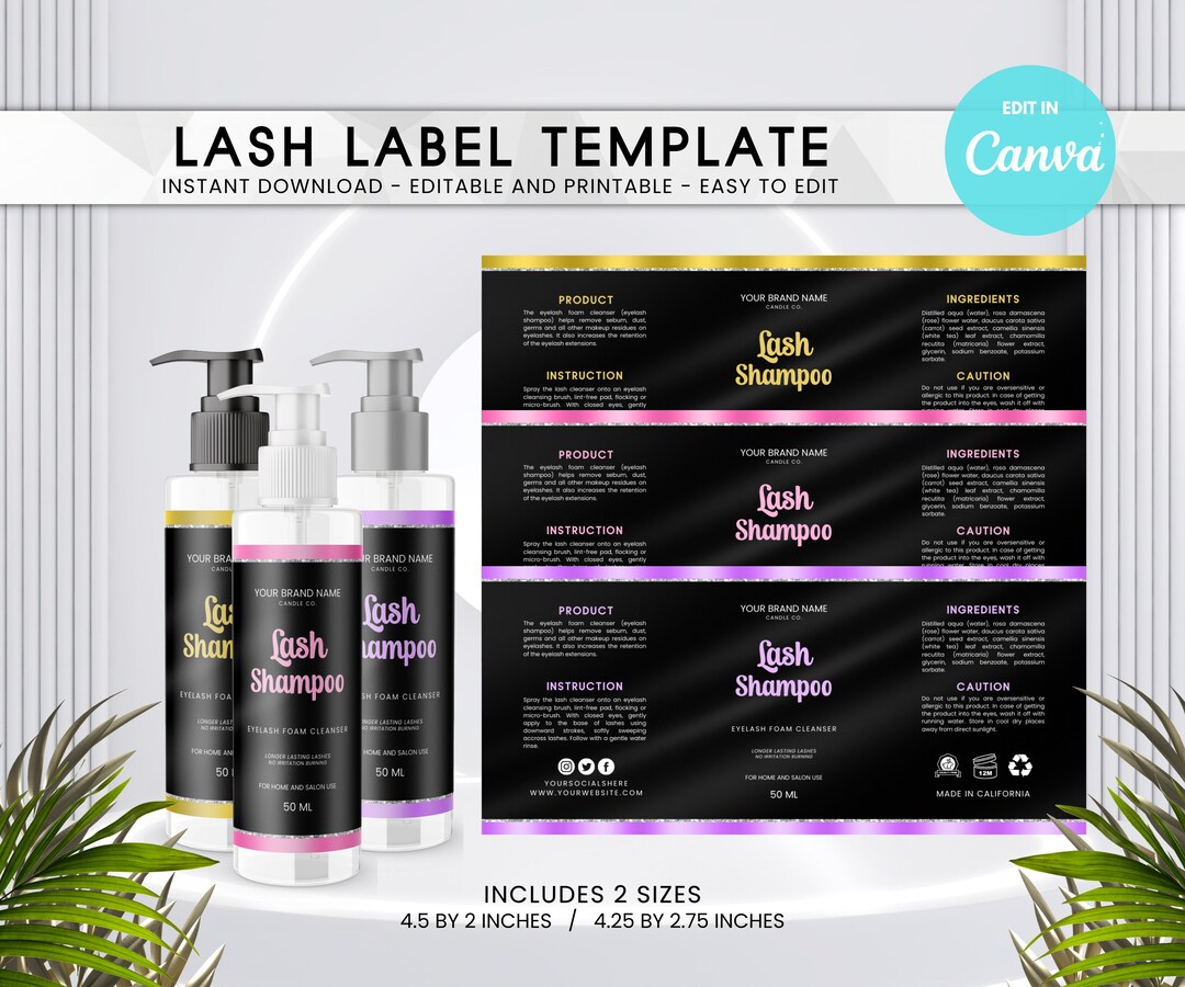 Lash Shampoo Label Template: Customizable DIY Cleanser Bottle Sticker ...