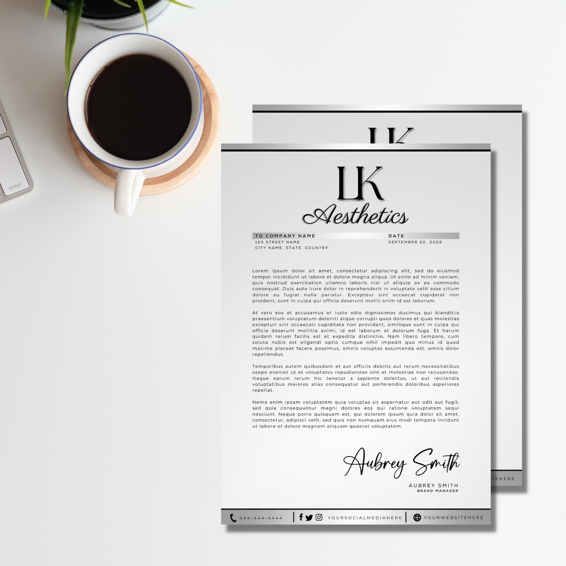 Silver Letterhead Template Canva DIY Business Stationery Editable ...
