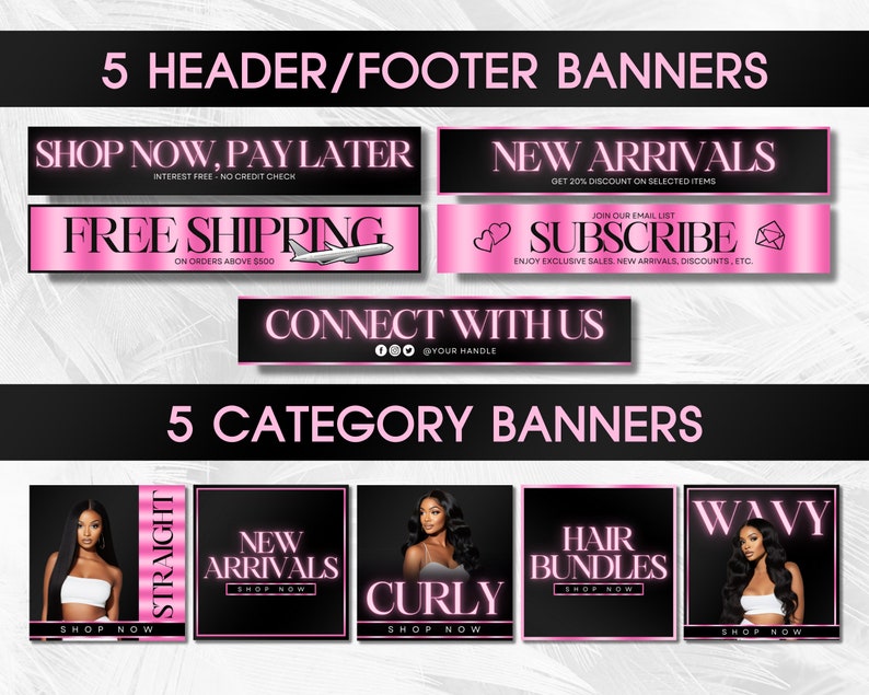 Editable Hair Extension Website Banner Kit Canva DIY Pink Shopify Store ...