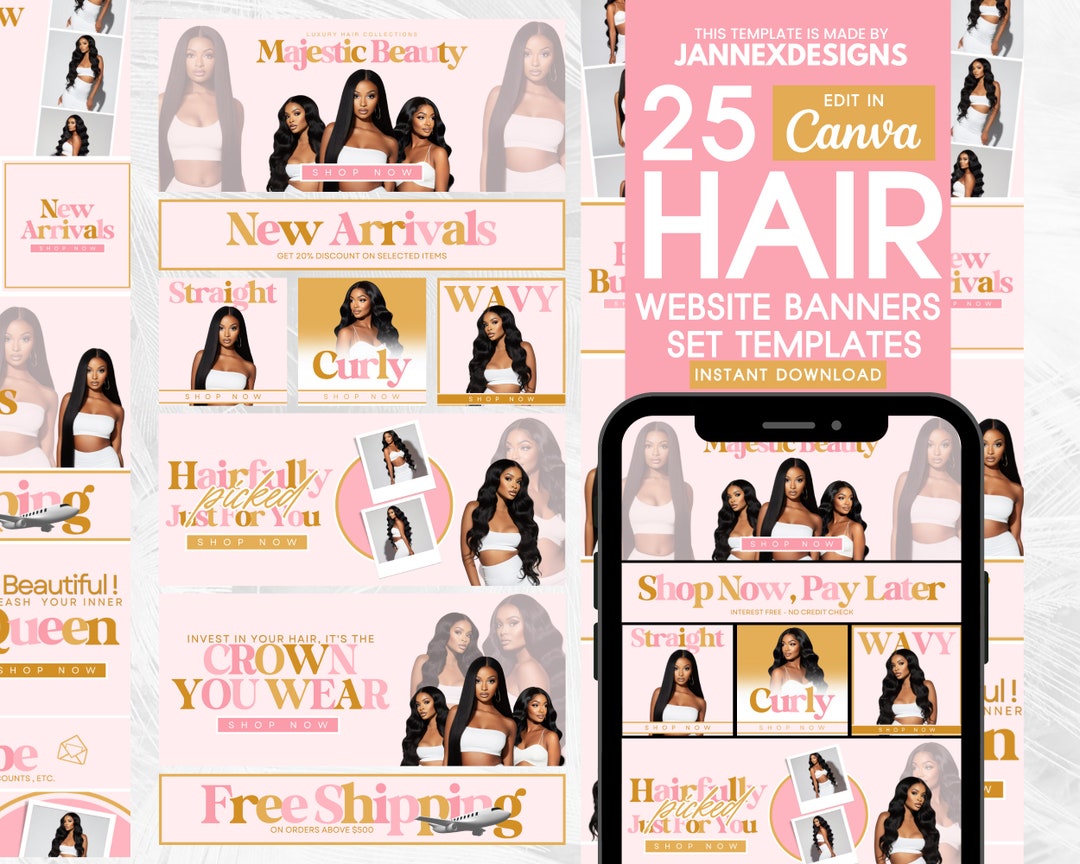 DIY Pink Gold Hair Website Banners Set, Beauty Hair Website Template ...