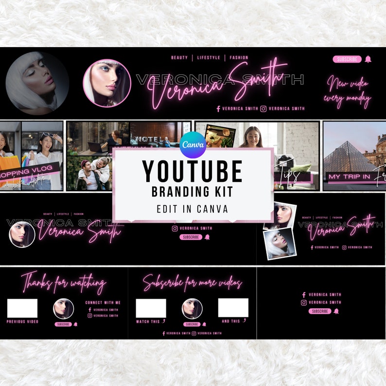 Youtube Branding Kit Editable Youtube Banners Thumbnails - Etsy
