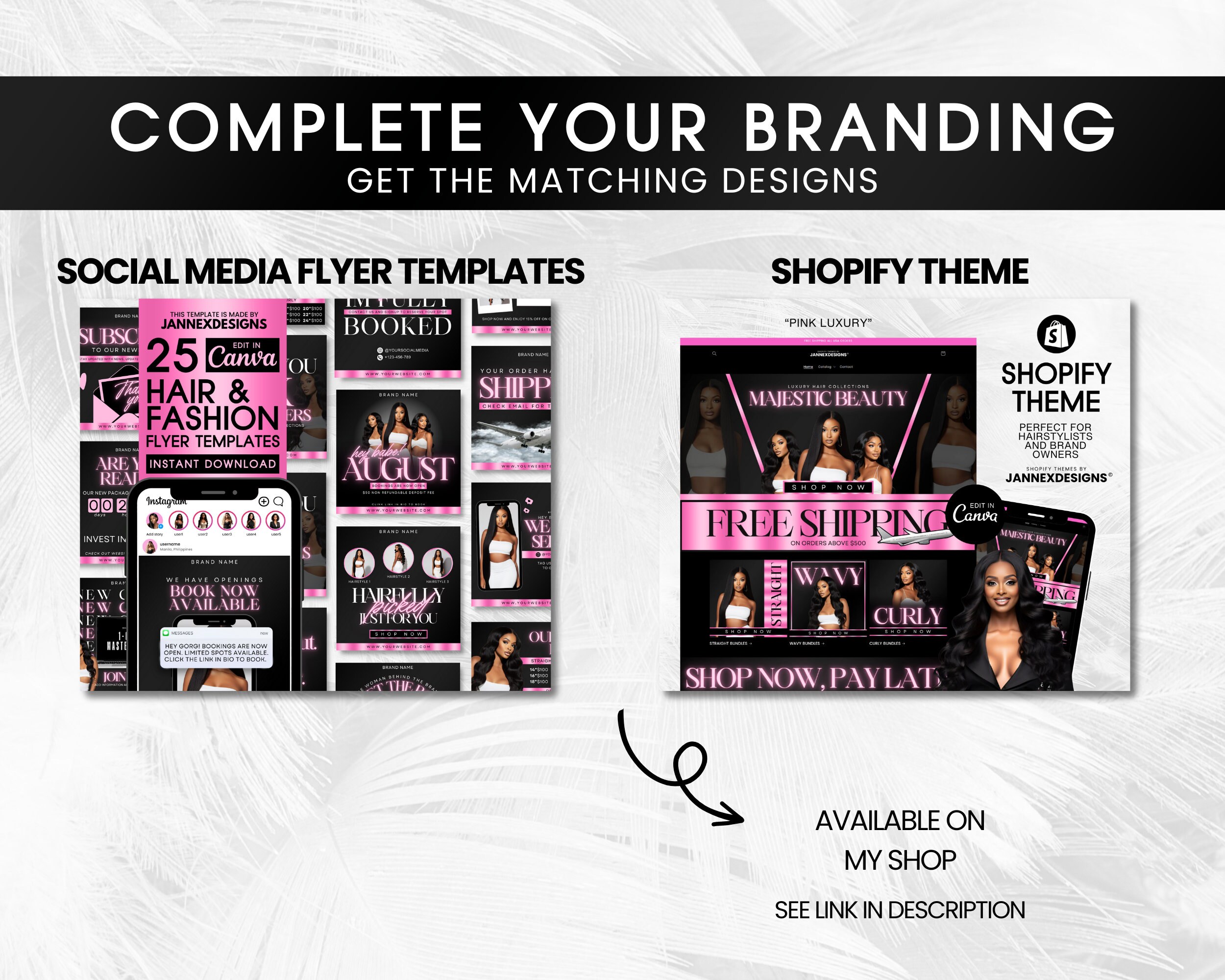 Editable Hair Extension Website Banner Kit Canva DIY Pink Shopify Store ...