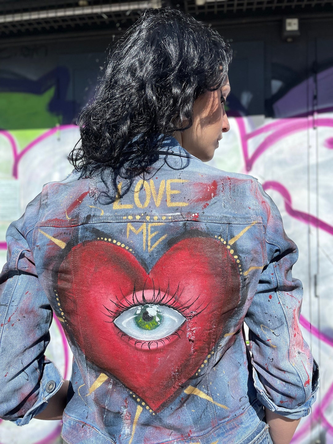 Love Me – Cuore Con Occhio - Giacca Di Jeans Dipinta a Mano – Taglia S ...