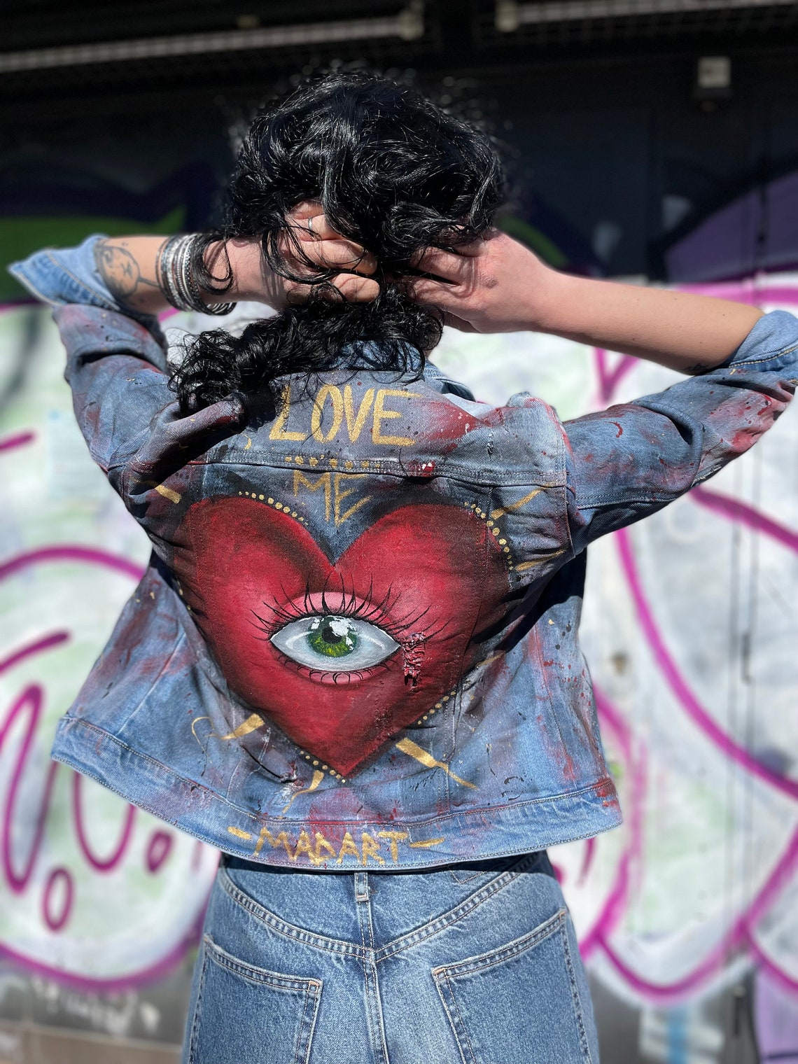 Love Me – Cuore Con Occhio - Giacca Di Jeans Dipinta a Mano – Taglia S ...