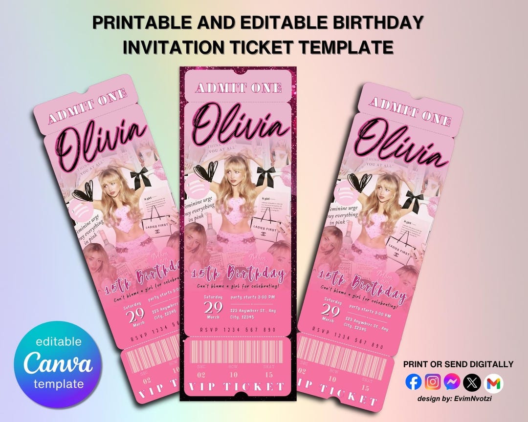 Pink Aesthetic Birthday Invitation, VIP Concert Ticket Style, Editable ...