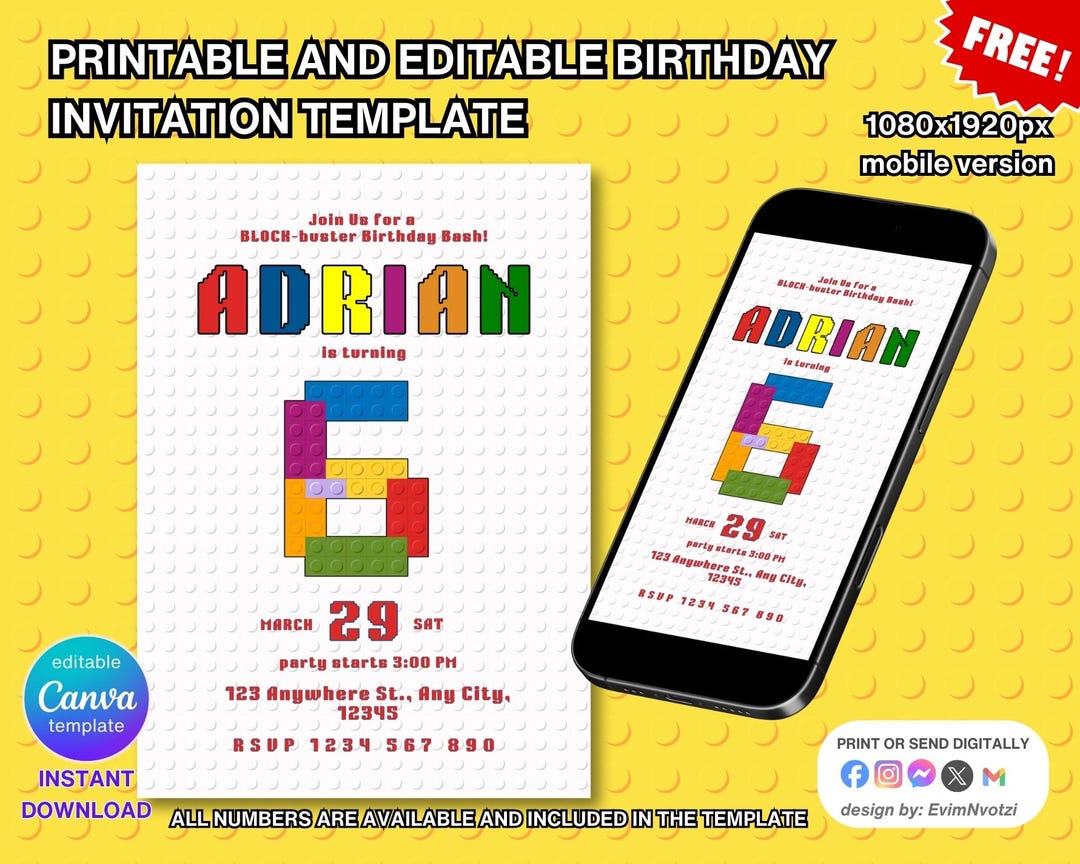 Building Blocks Birthday Invitation, Editable Canva Template, Lego ...