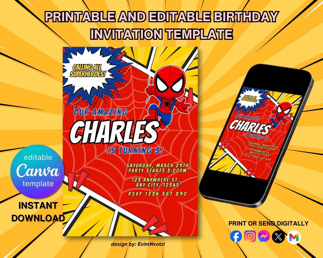 Superhero Comic Book Birthday Invitation, Kids Party Invite, Boy ...