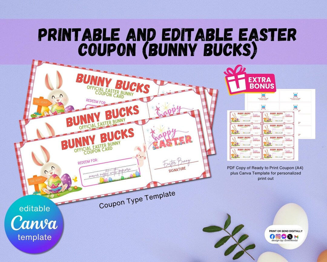 Easter Bunny Bucks Coupon | Editable Canva Template | Printable Easter ...