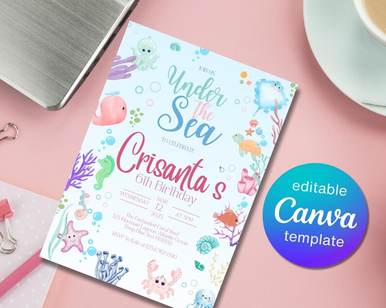 Under the Sea Birthday Invitation, Mermaid Theme, Cute Ocean-themed ...