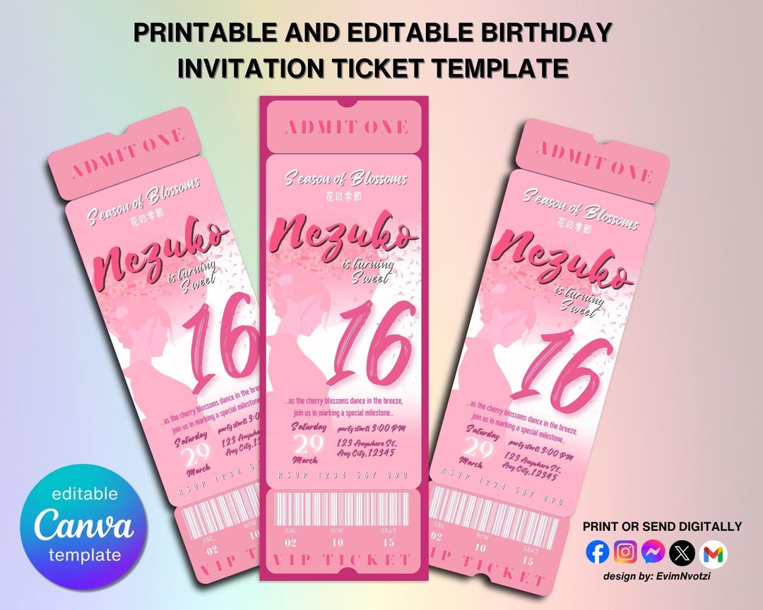 Cherry Blossom Birthday Ticket, Anime Theme Sweet 16 Invite, Digital ...
