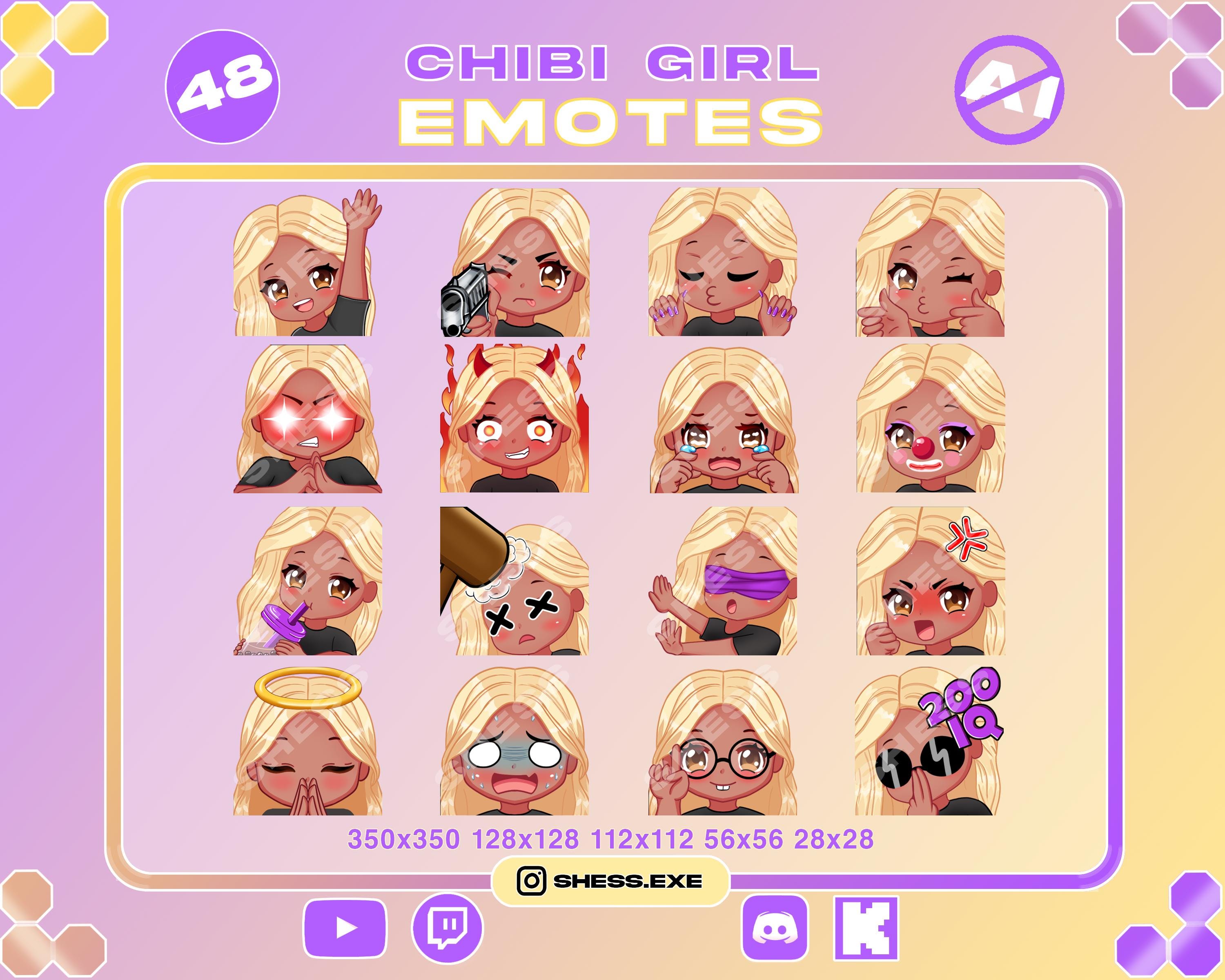 Pack 48 Emotes / Cute Chibi Girl Emotes / Tan Skin, Blond Hair, Brown ...