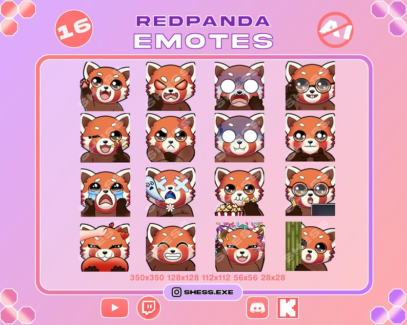 Pack 16 Emotes / Red Panda Emote / Emote Twitch, Discord, Youtube, Kick ...