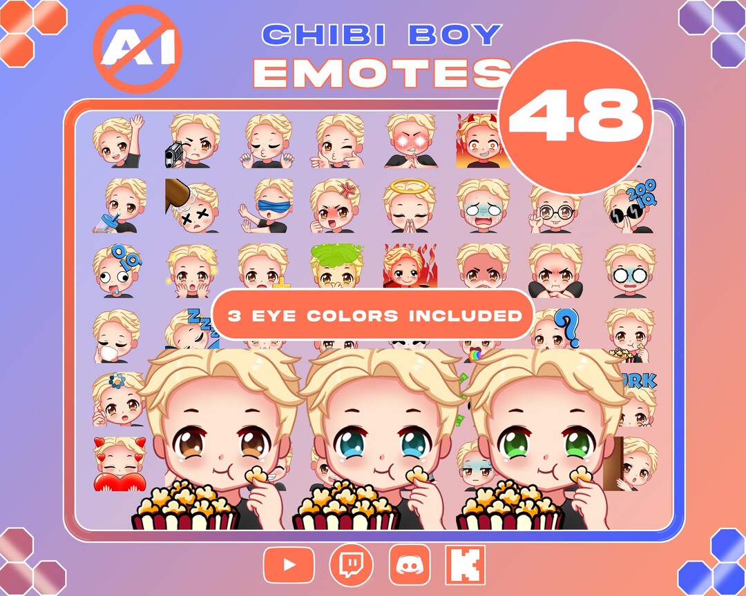 Pack 48 Emotes / Chibi Boy Emotes / Blond Hair, Brown - Blue - Green ...