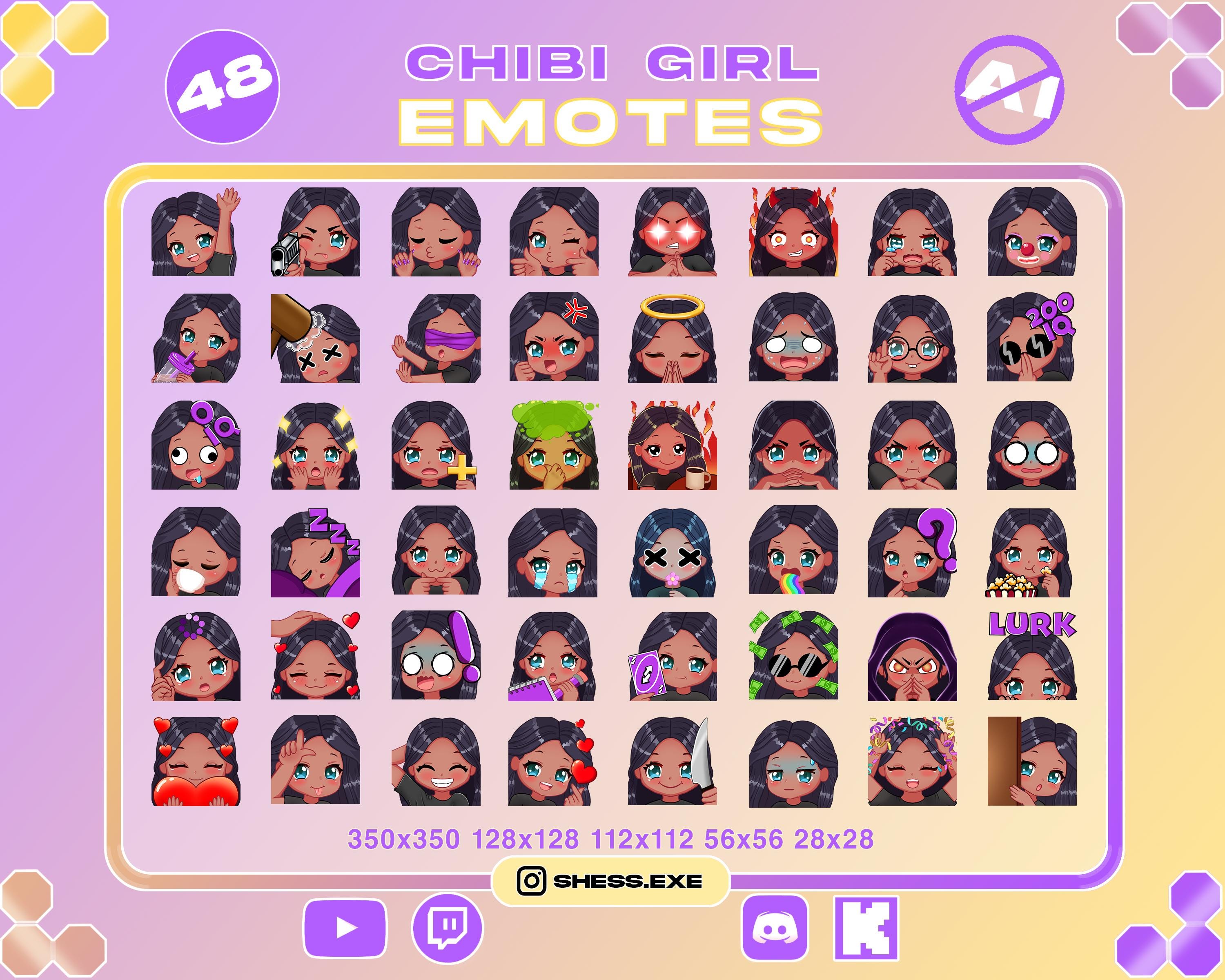 Pack 48 Emotes / Cute Chibi Girl Emotes / Black Hair, Brown - Blue ...
