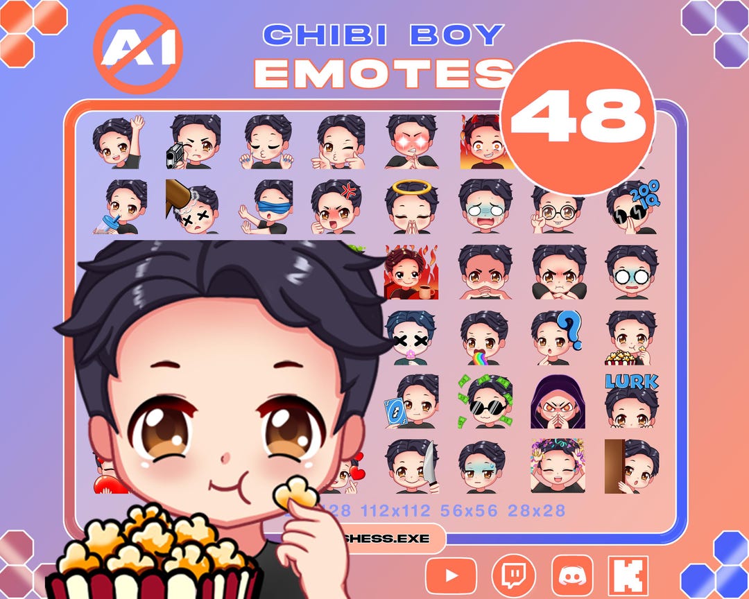 Pack 48 Emotes / Cute Chibi Boy Emotes / Light Skin, Black Hair, Brown ...