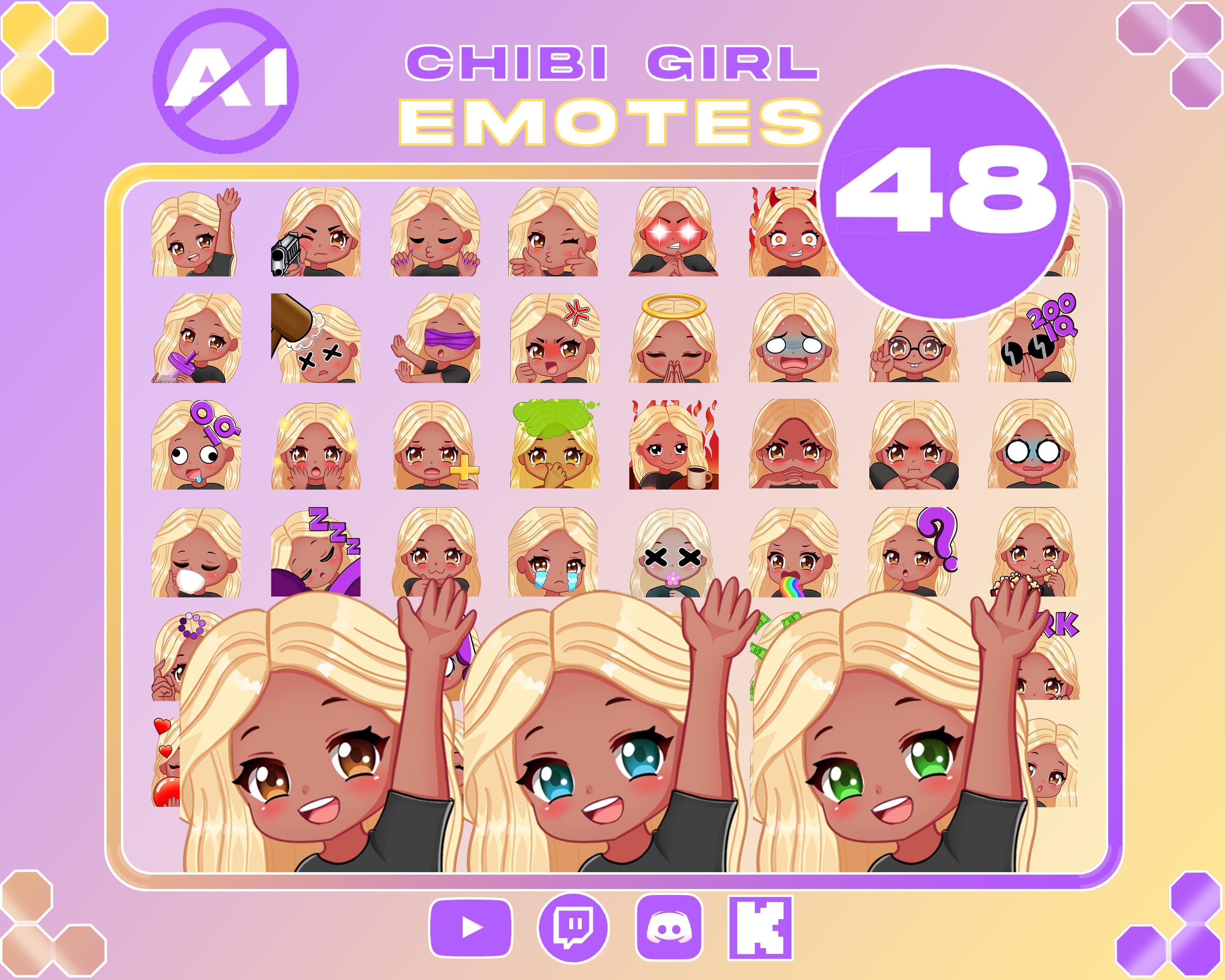 Pack 48 Emotes / Cute Chibi Girl Emotes / Blond Hair, Brown - Blue ...