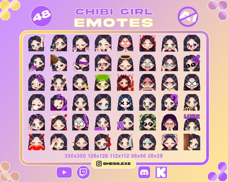 Pack 48 Emotes / Cute Chibi Girl Emotes / Black Hair, Brown - Blue ...