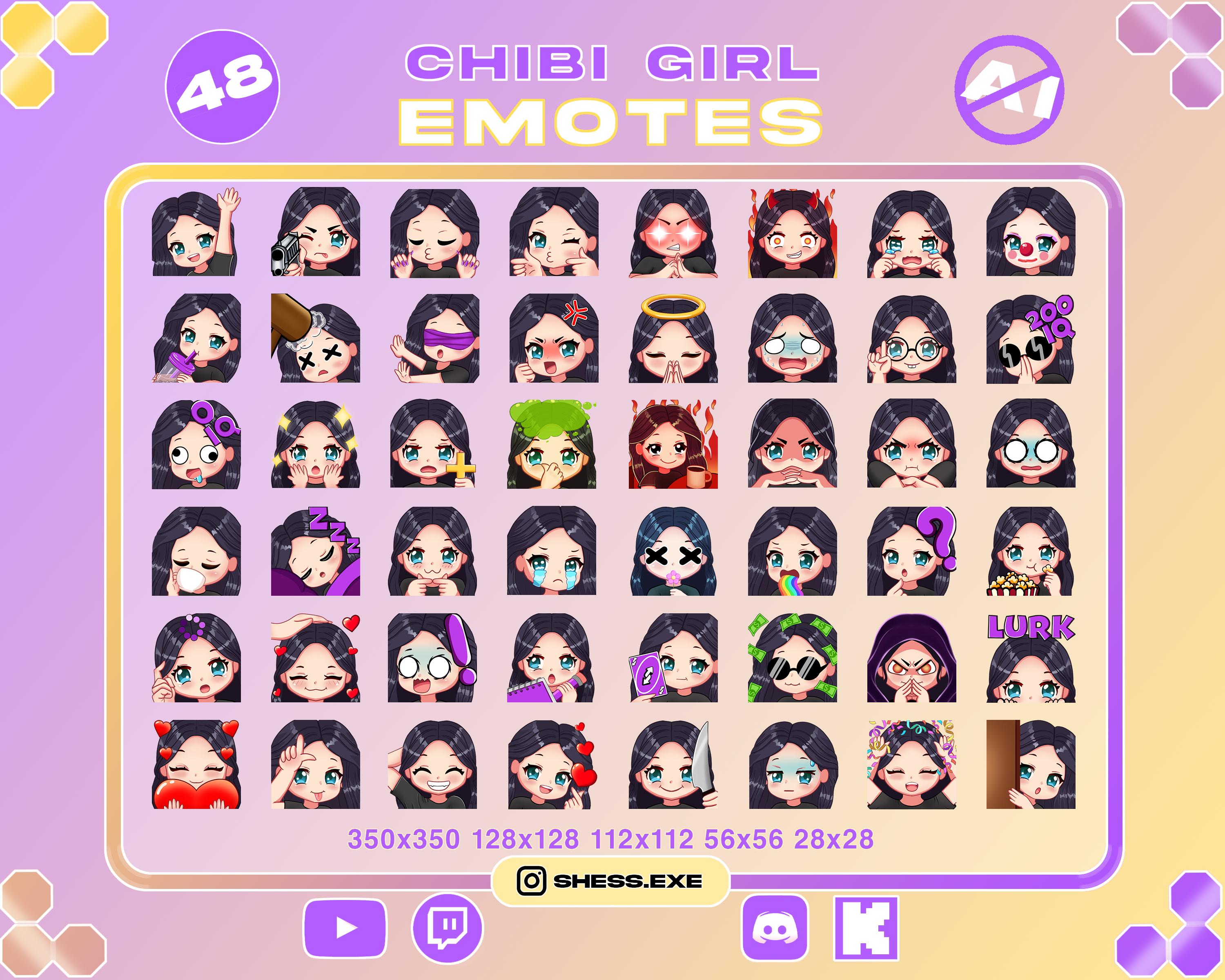 Pack 48 Emotes / Cute Chibi Girl Emotes / Black Hair, Brown - Blue ...
