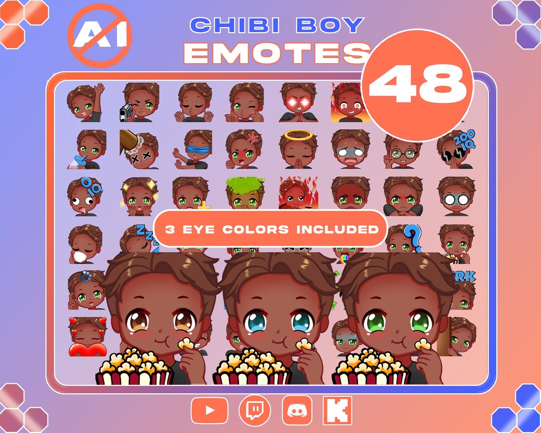 Pack 48 Emotes / Chibi Boy Emotes / Brown Hair, Brown - Blue - Green ...