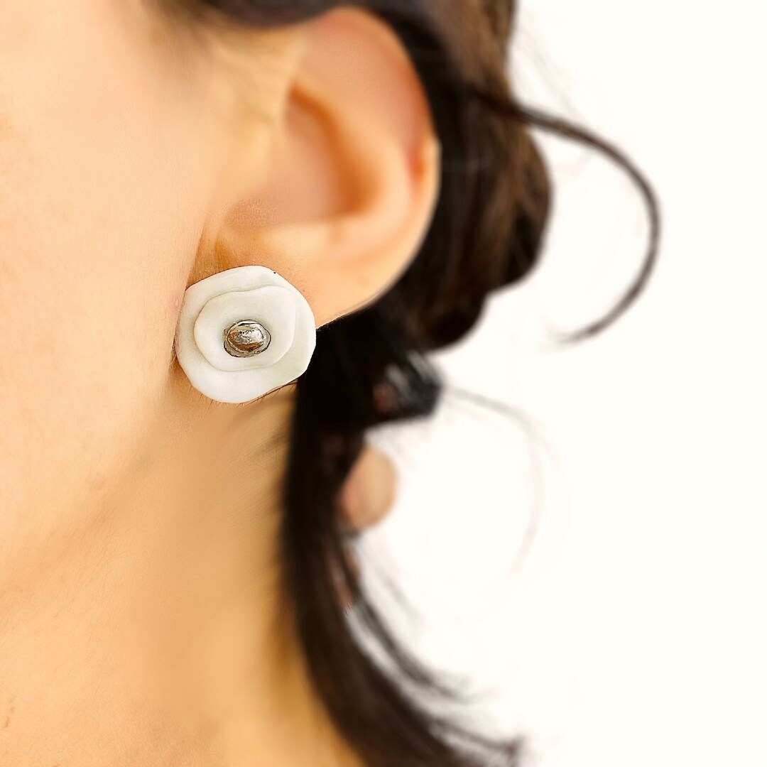 White Stud Porcelain Earrings With Circular Shape, Statement Ceramic ...