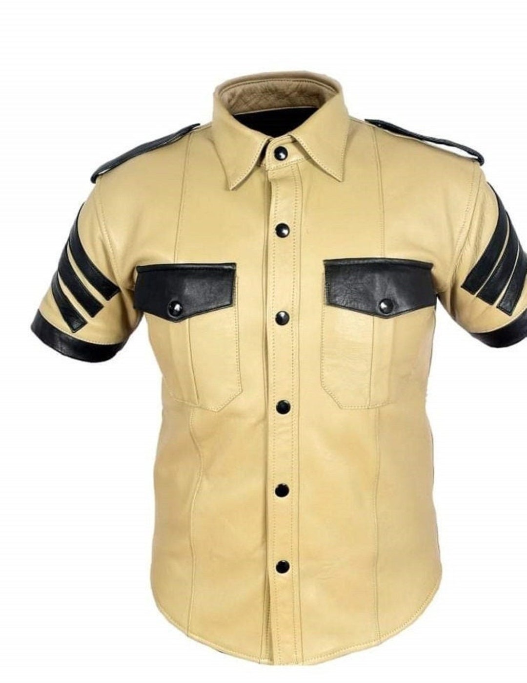 Noorani Men Real Leather Shirt | BEIGE & BLACK Color Gay POLICE Bluff ...