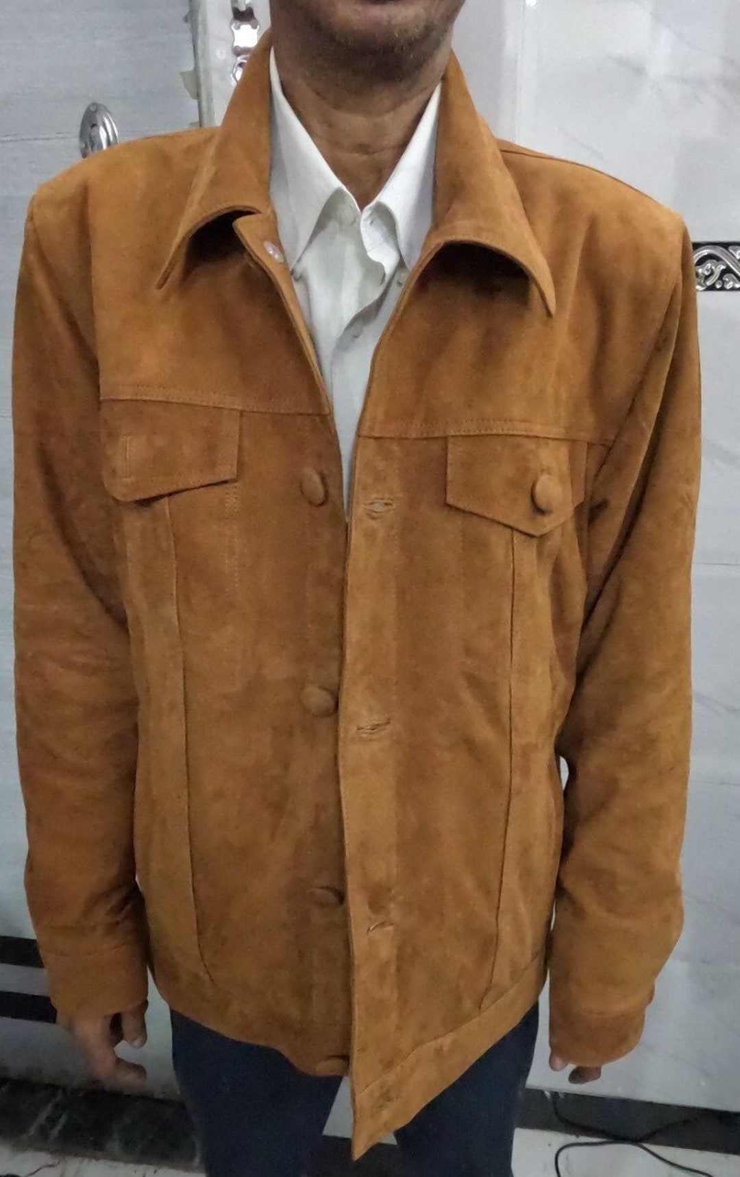 Mens Tan Suede Leather Shirt | Suede Denim Style TRUCKER | Real Suede ...