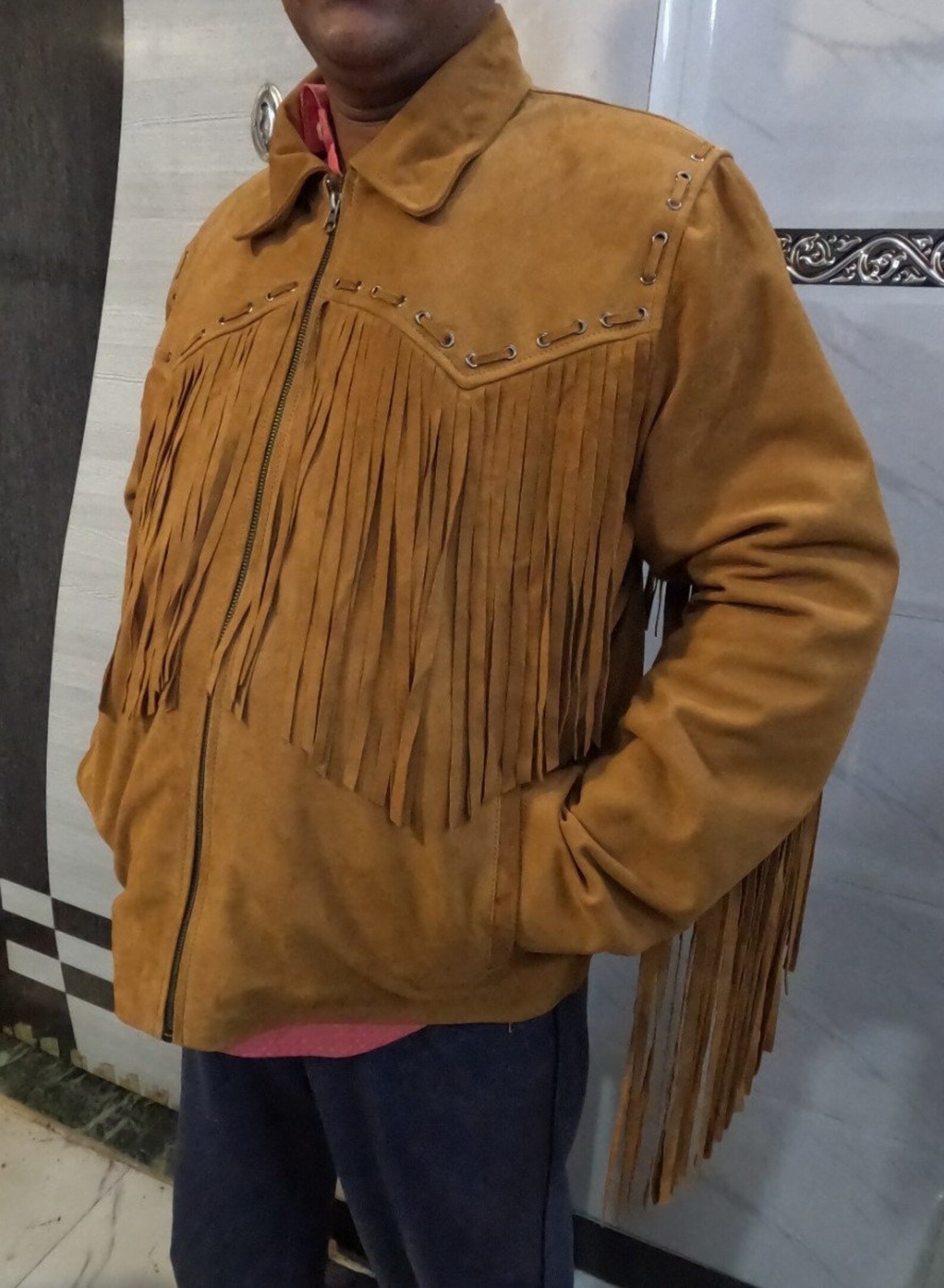 Mens Suede Leather FRINGE Jacket | Slim Fit COWBOY Tan BROWN Suede ...