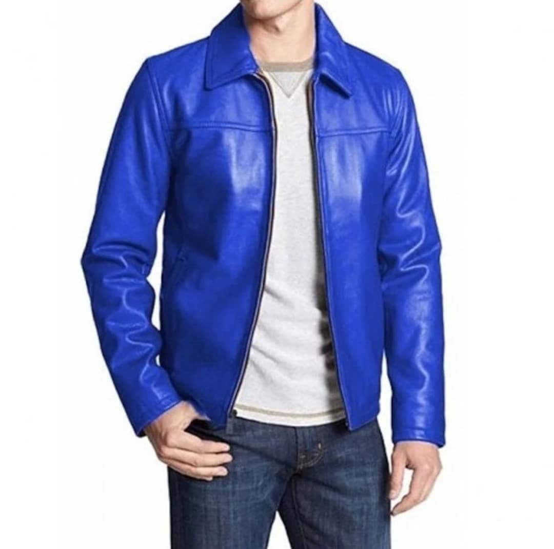 Mens Lambskin BLUE Leather Jacket, Stylish Handmade Trucker Leather ...